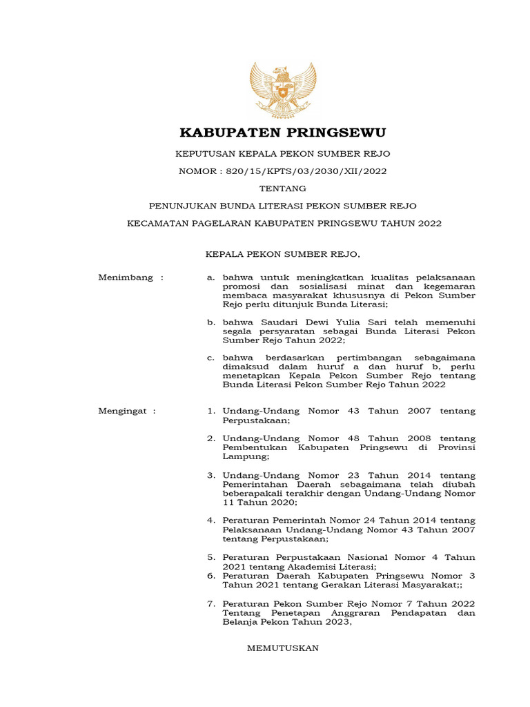 SK BUNDA LITERASI KECAMATAN | PDF