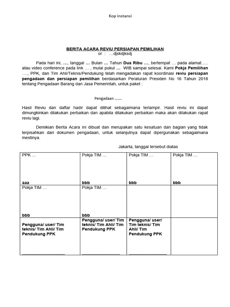 Contoh BA Reviu Persiapan Pemilihan Barang Jasa Lainnya | PDF