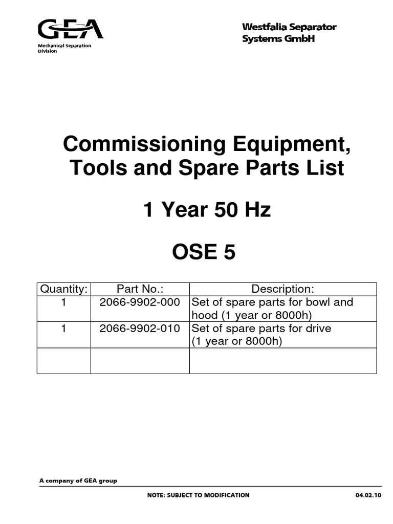 OSE Separator Spare Parts | PDF | Bearing (Mechanical) | Machines