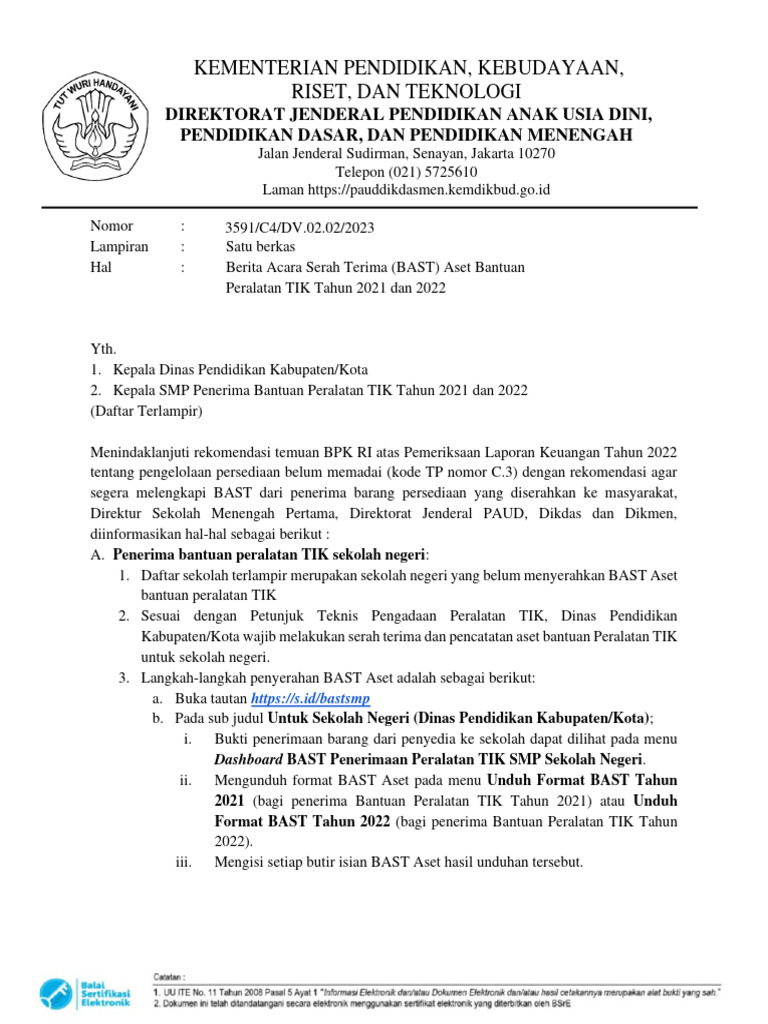 Surat Permintaan BAST TIK 2021 Dan 2023) | PDF