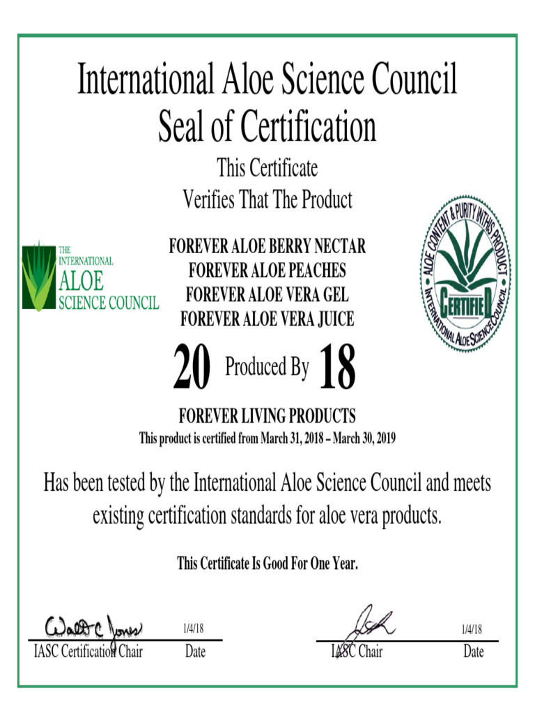 International Aloe Science Council Certificates | PDF | Integumentary ...