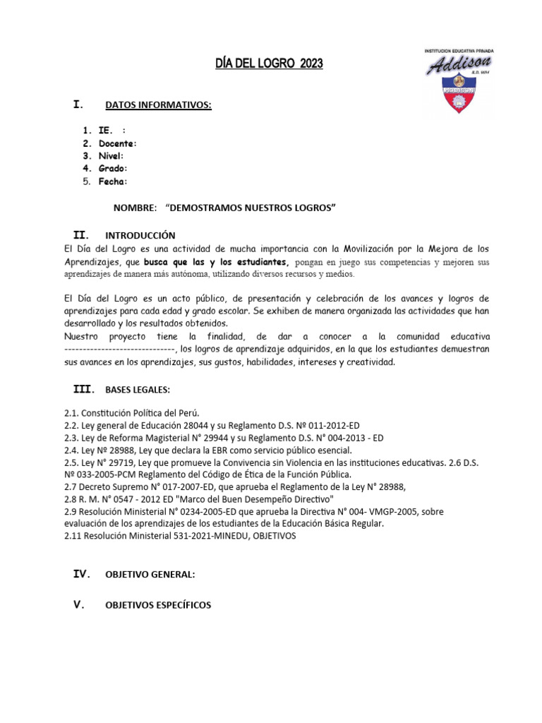 Formato Informe Día Del Logro | PDF | Enseñando | Salón de clases