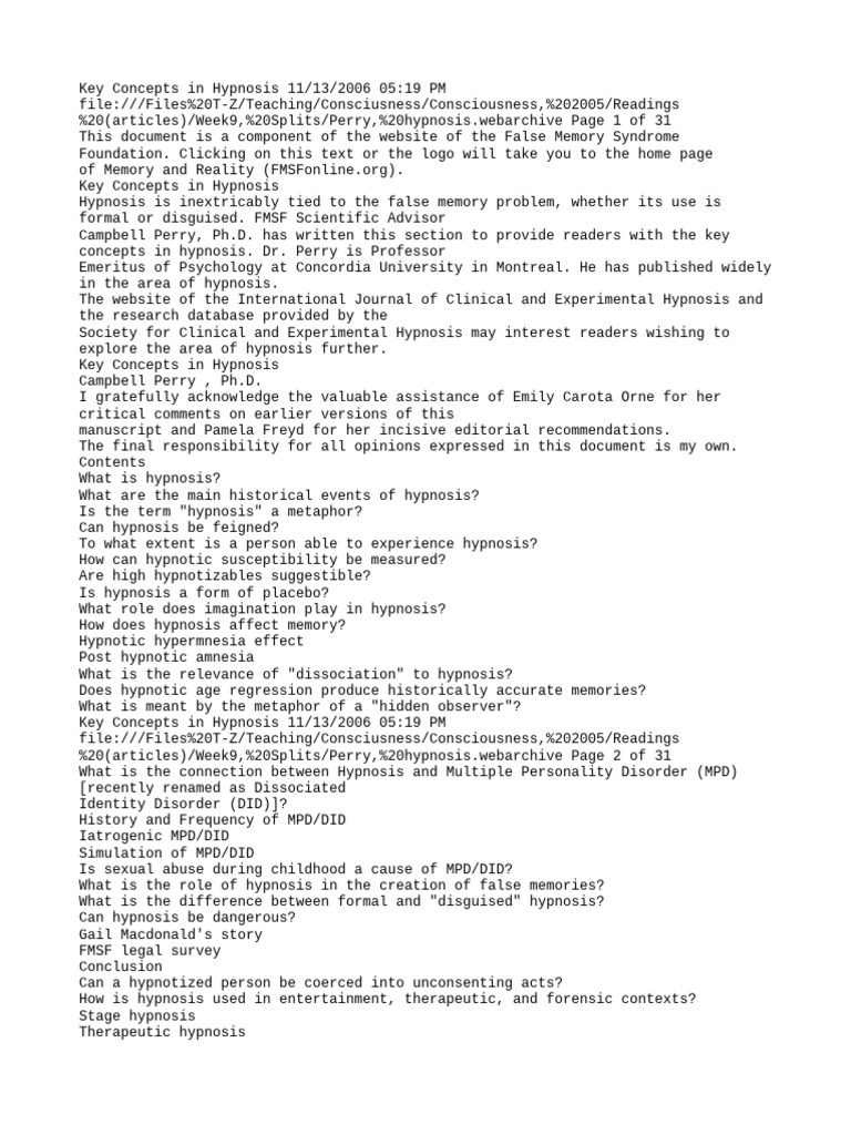 Key Concept Hypnosis | PDF | Hypnosis | Cognition