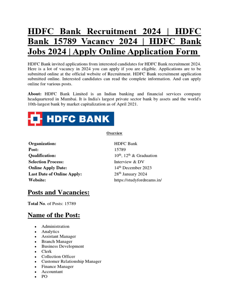 HDFC Bank Recruitment 2024 Notification - 231219 - 133601 | PDF | Banks ...