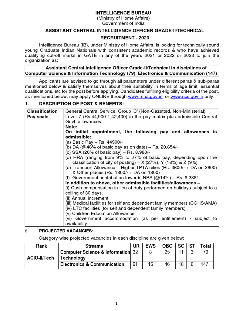 IB ACIO Grade-II Technical Recruitment 2023 | PDF | Payments | Magistrate