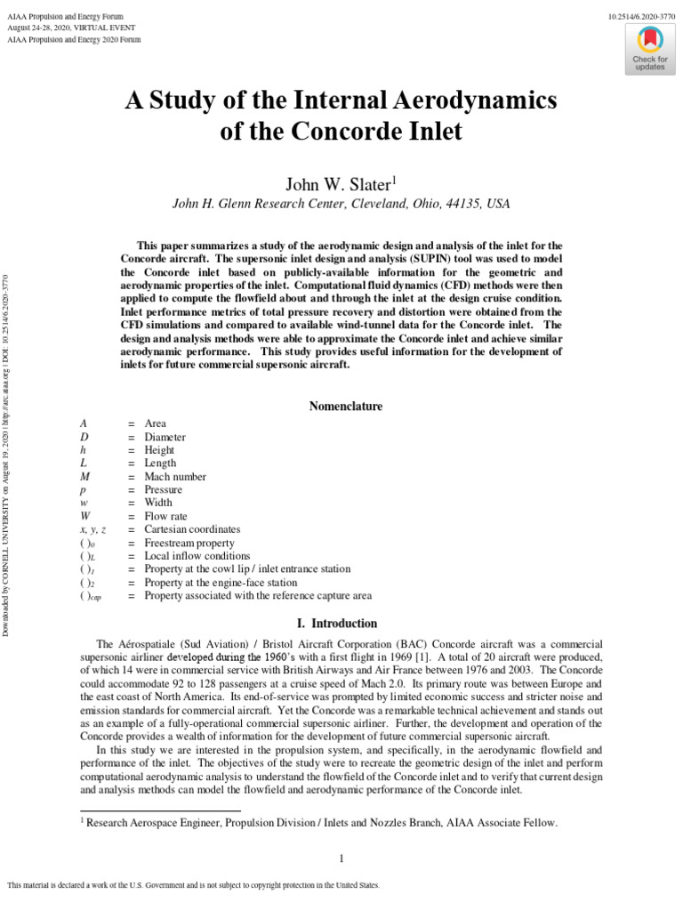 A Study of The Internal Aerodynamics of The Concorde Inlet: John W. Slater | PDF | Mach Number ...
