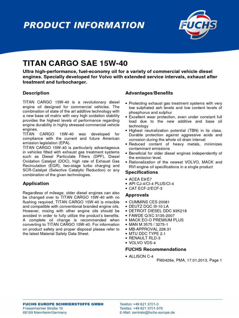 PI - TITAN CARGO 15W 40 - e | PDF | Motor Oil | Exhaust Gas