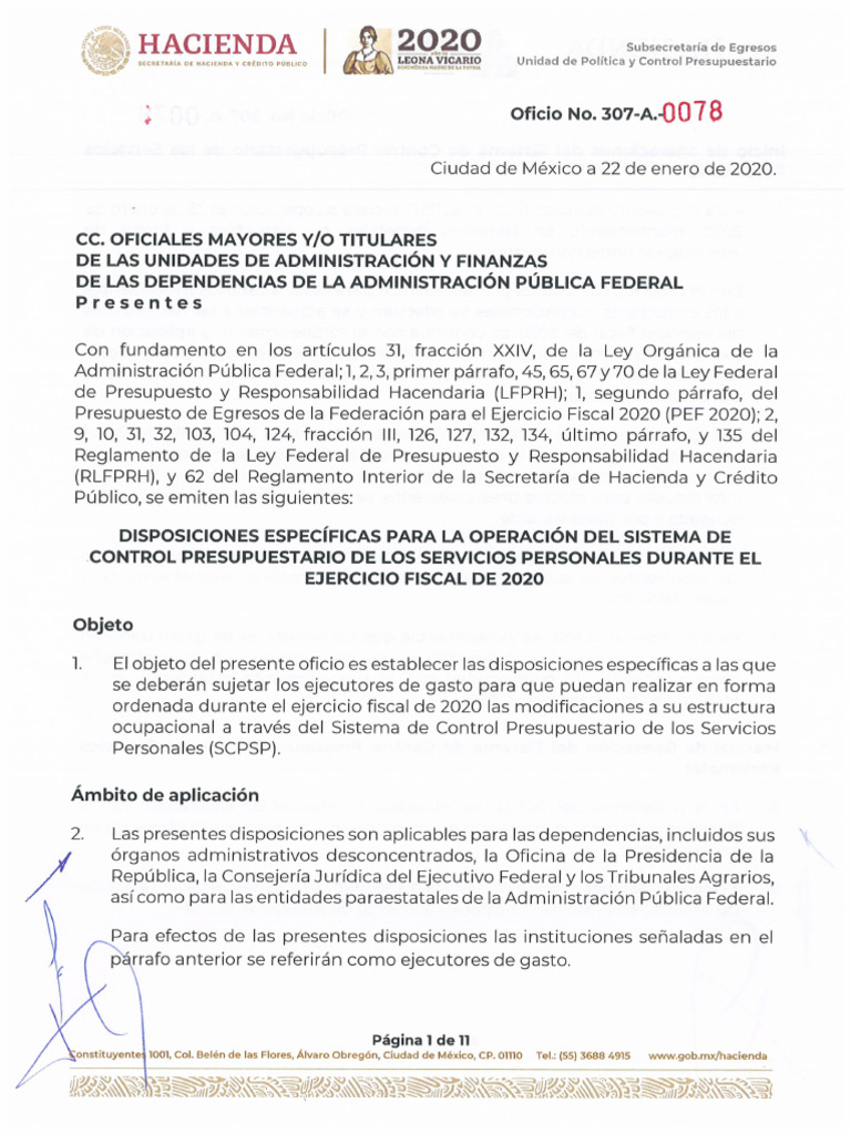 Oficio No. 307-A.-0078 Disposiciones Operación SCPSP | PDF