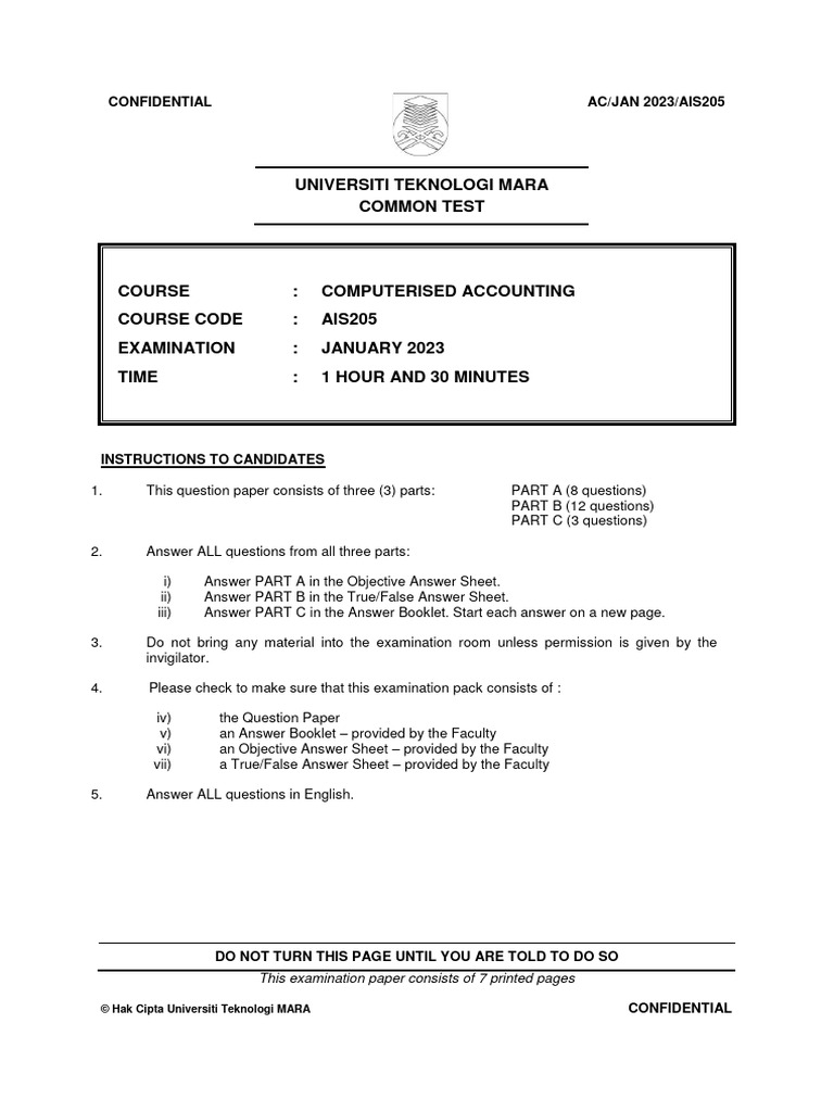 Jan 2023 Common Test AIS205 Q PDF