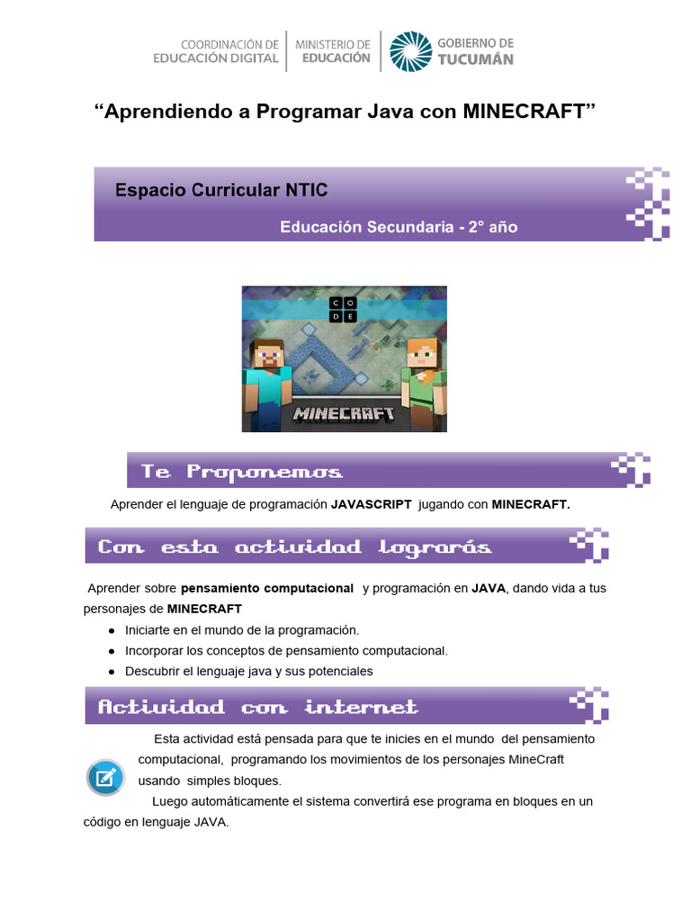 2° Ano C.B. Aprendiendo A Programar Java Con MINECRAFT | PDF