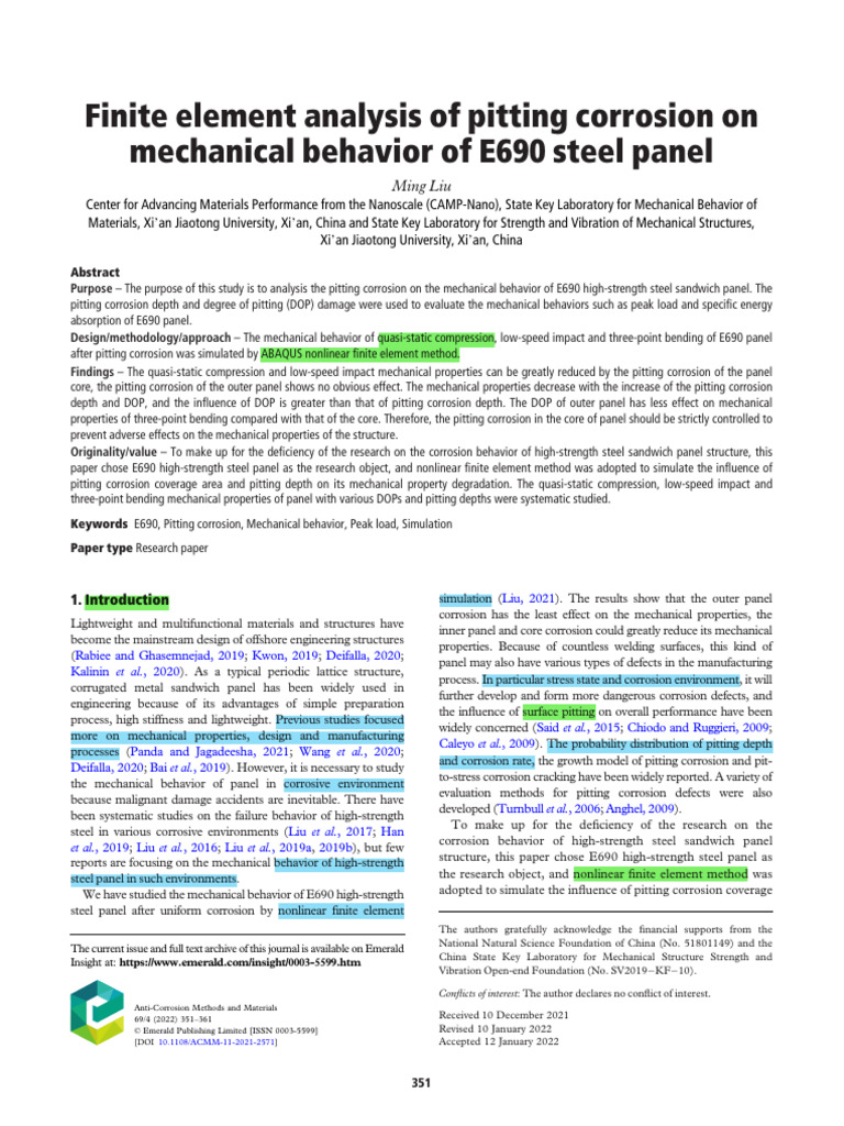 Finite Element Analysis Of Pitting Corrosion On Steel Pdf
