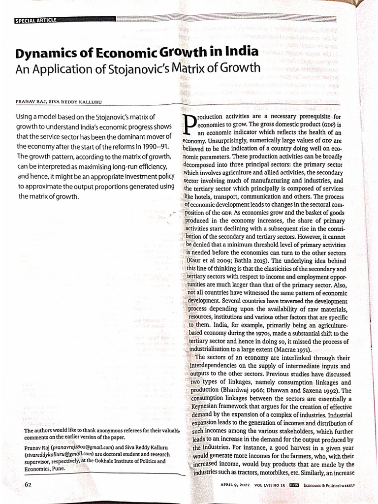 Dynamics of Economic Growth in India - EPW LVII | PDF