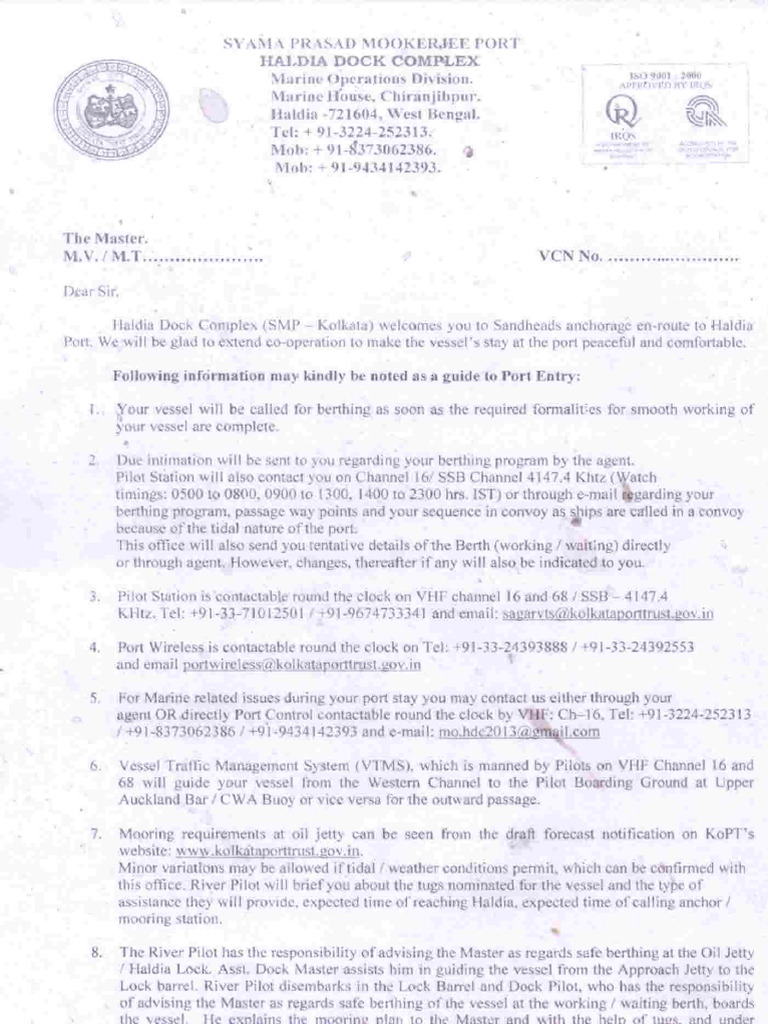 HALDIA PORT'S REVISED WELCOME MSG | PDF