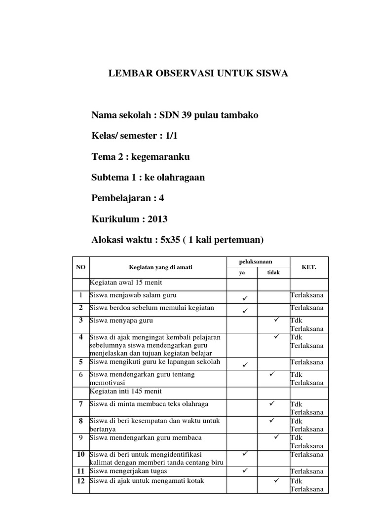 Lembar Observasi Siswa Dan Guru | PDF