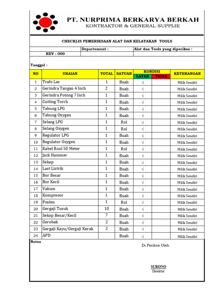 127 FORM Checklist Pemeriksaan Alat Dan Kelayakan Tools - FIX (SFILE | PDF