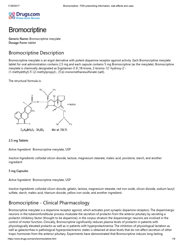 Bromocriptine - FDA Prescribing Information, Side Effects and Uses | PDF