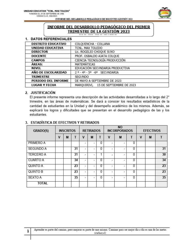 FORMATO INFORME TRIMESTRAL Max Toledo 2023 2DO TRIM | PDF FORMATO INFORME TRIMESTRAL Max Toledo 2023 2DO TRIM | PDF