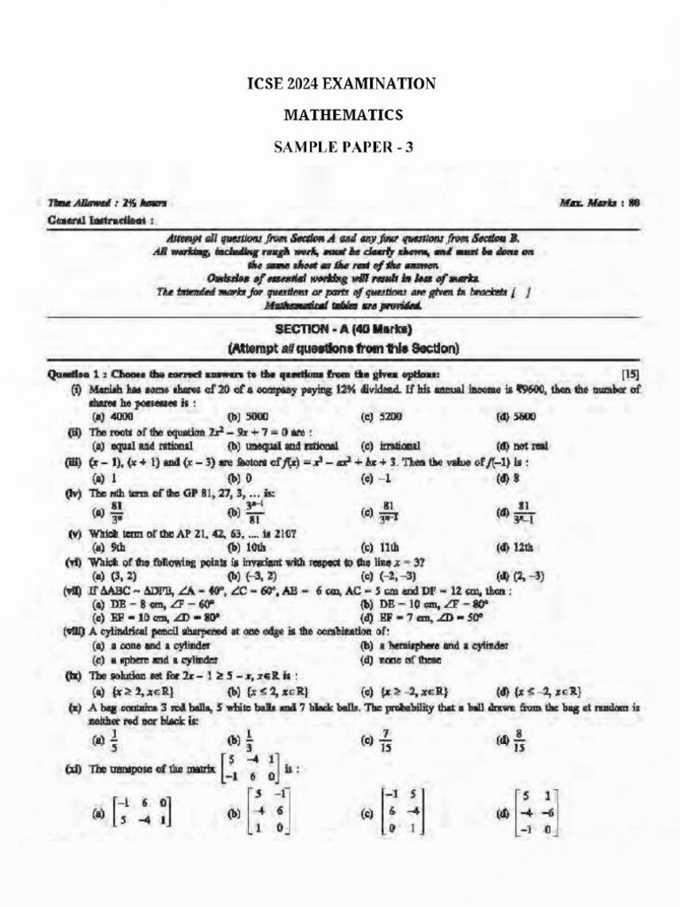 Mathematics Sample Paper - 3 | PDF