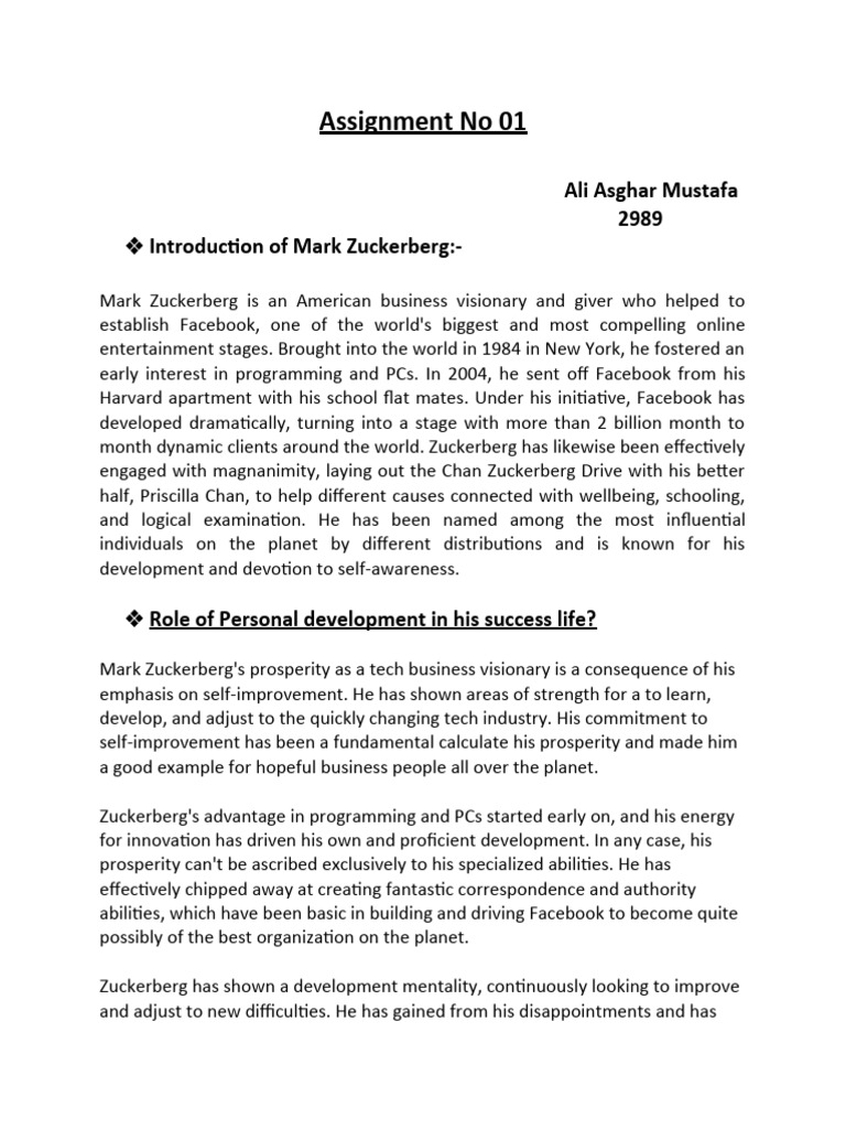 Assignment No 01 Role Model Mark Zuckerberg (Personal Development) | PDF | Mark Zuckerberg ...