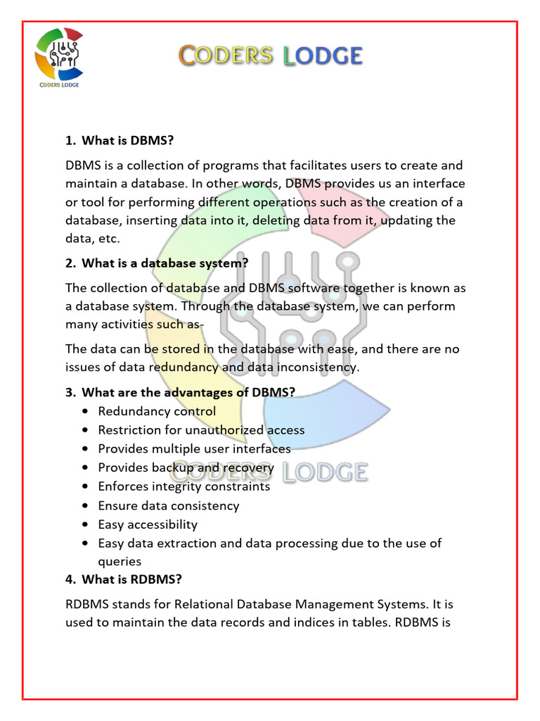 DBMS Viva Questions - Coders Lodge | PDF | Technology & Engineering