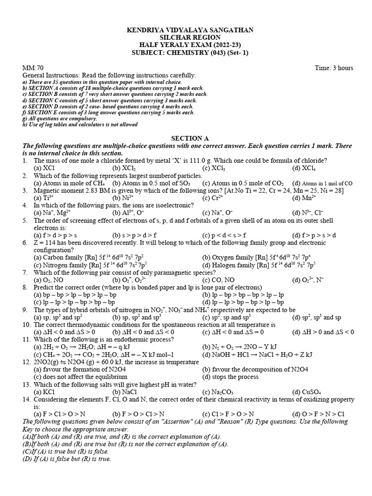 Kv Silchar Chemistry Half Yearly Exam 2022 23 Pdf Technology