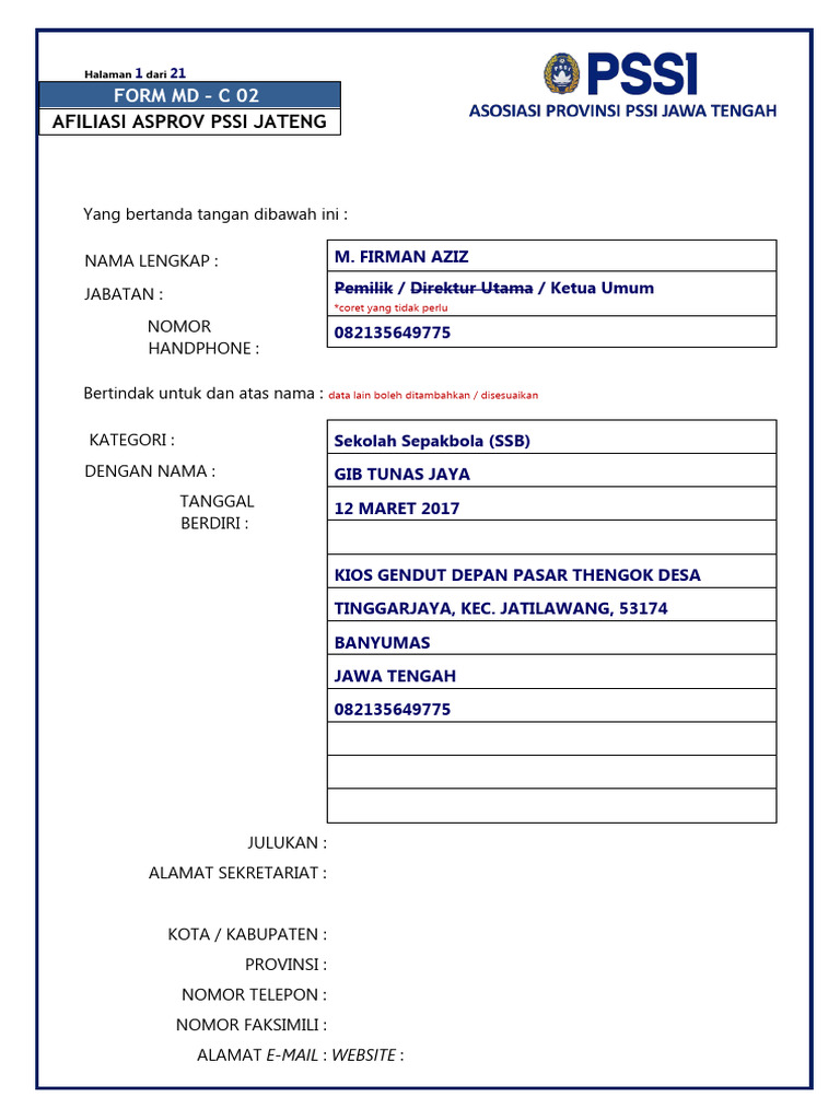 Form GIB MD C 02 - Afiliasi Asprov PSSI Jateng-4 | PDF
