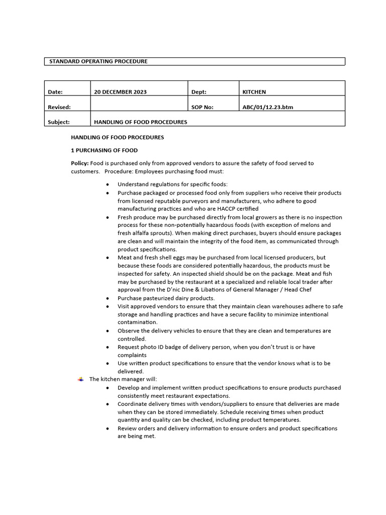 Food Safety Handling Procedures SOP | PDF | Thermometer | Cooking