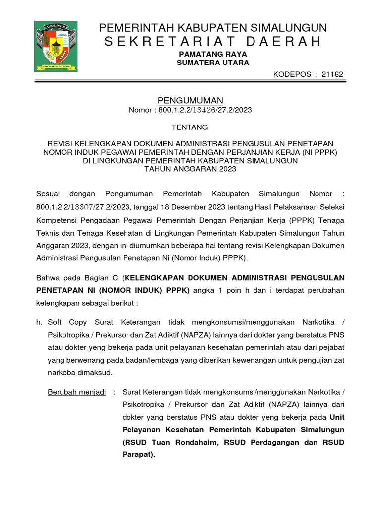 Pengumuman Revisi Pemberkasan Usul Penetapan Ni PPPK Kab. Simalungun Tahun 2023 | PDF
