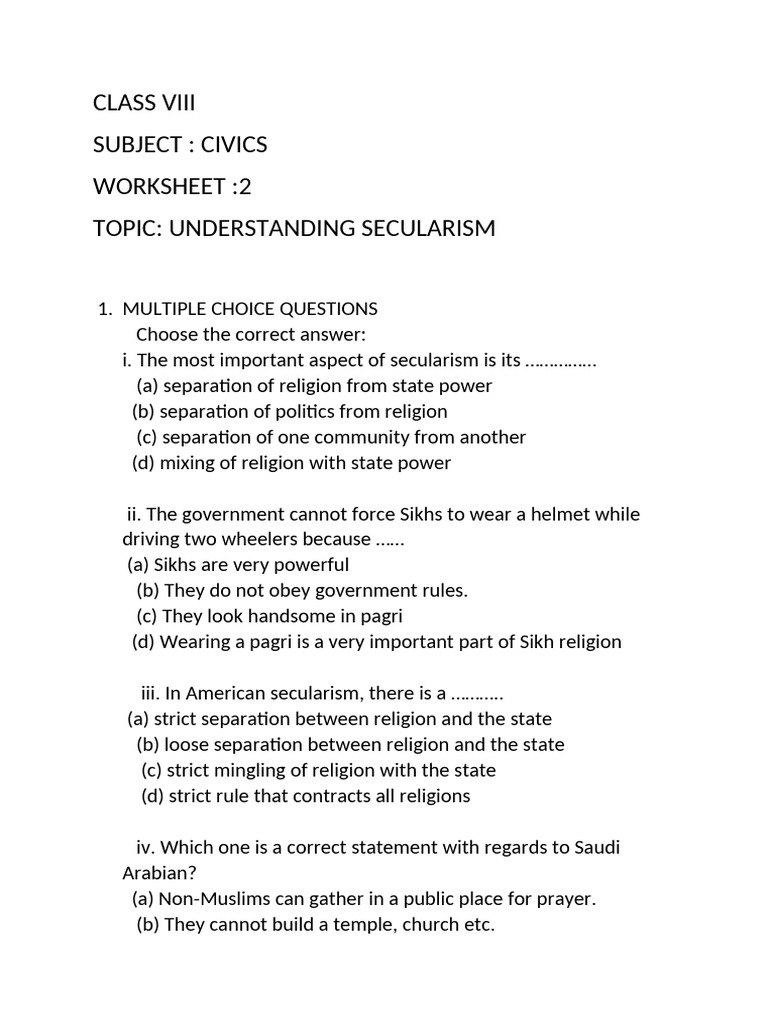 Class Viii Subject: Civics Worksheet:2 Topic: Understanding Secularism ...