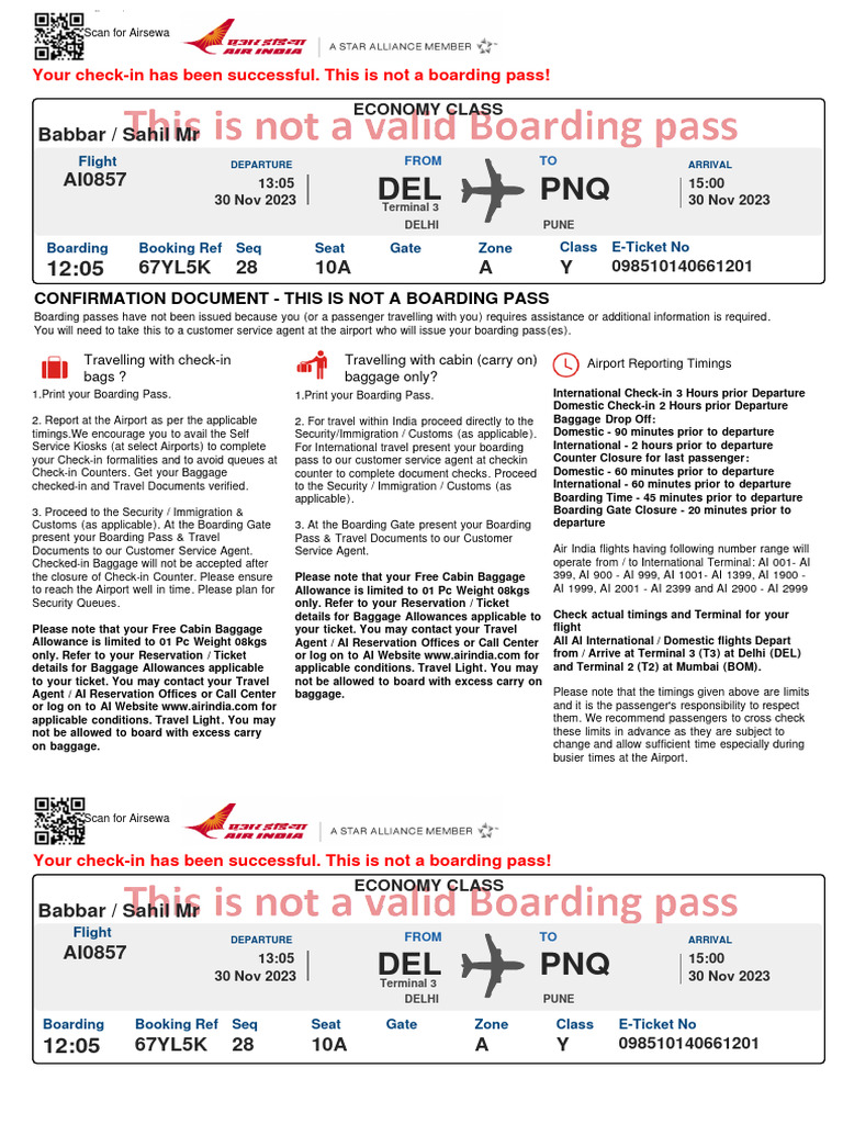 Your Confirmation Document To PUNE - AIR INDIA | PDF | Aviation | Transport