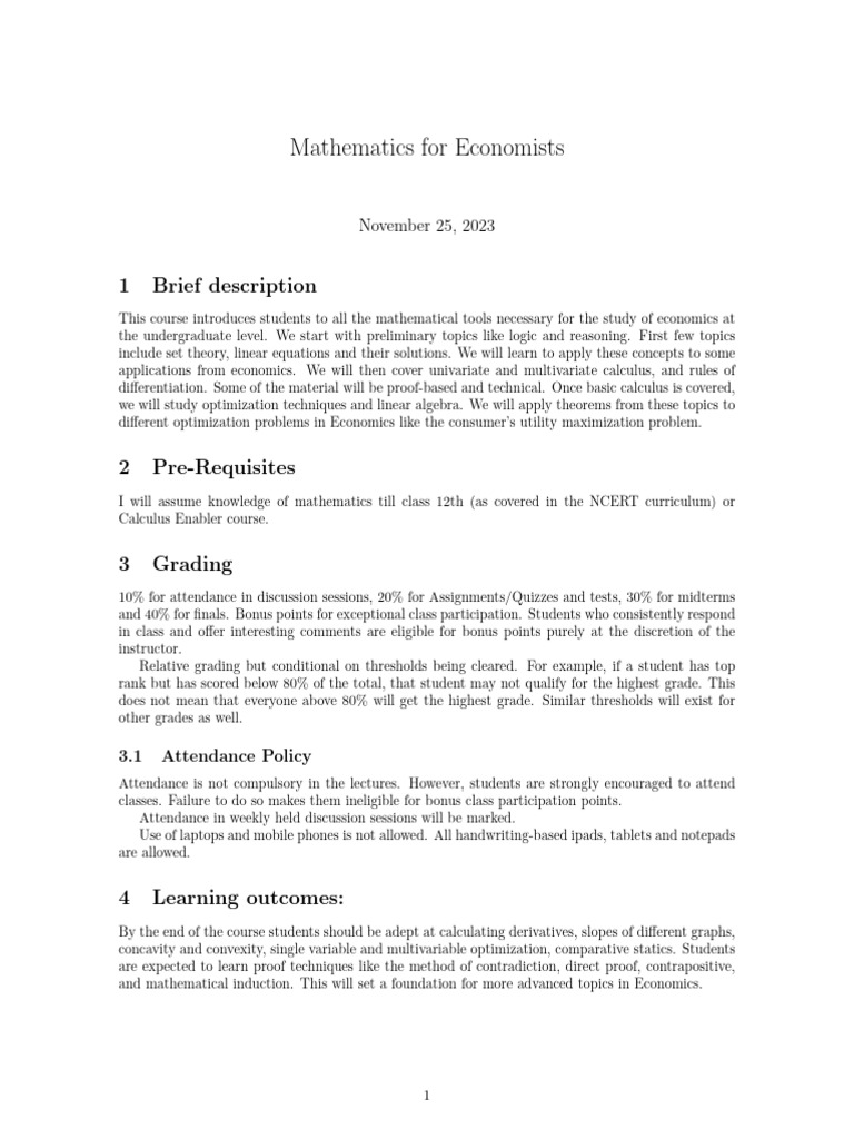 Mathematics Tools for Economics Course | PDF