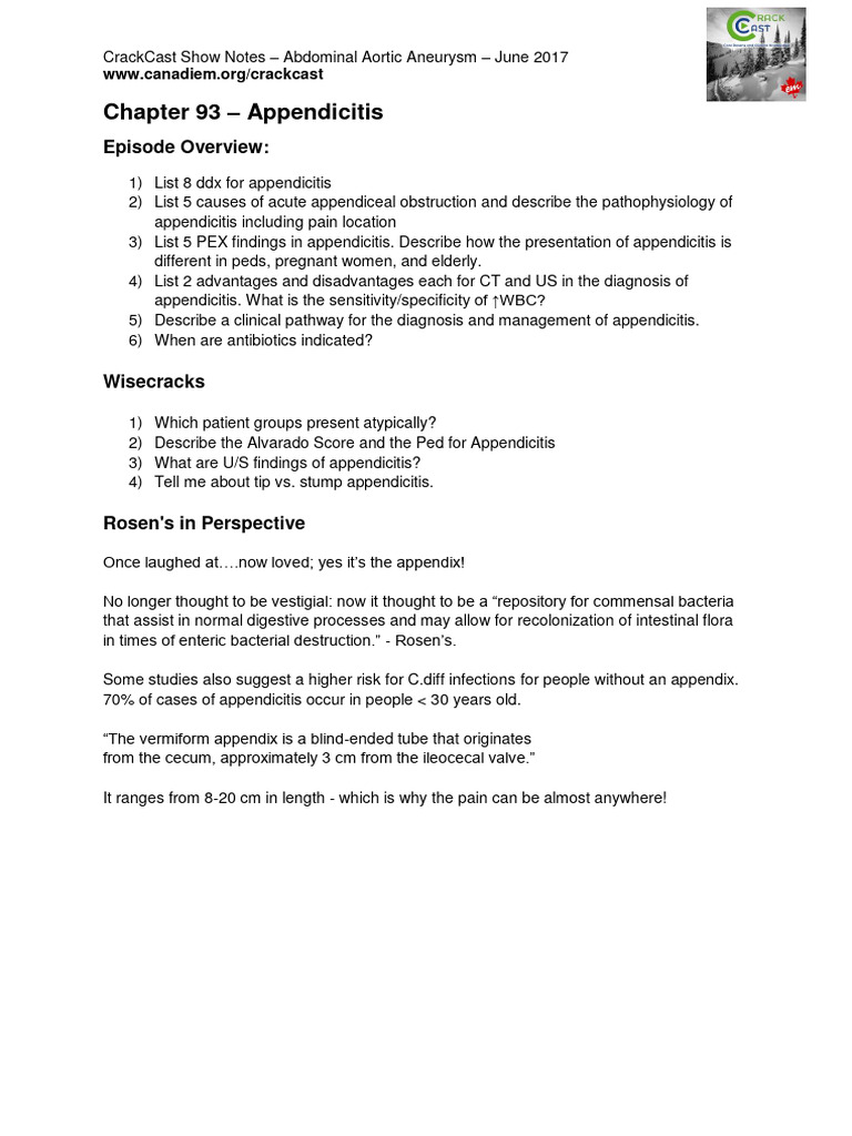 CrackCast Shownotes Episode 93 Appendicitis | PDF | Medicine | Clinical ...