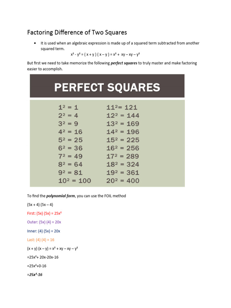 Factoring Difference of Two Squares | PDF