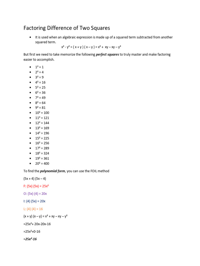 Factoring Difference of Two Squares | PDF