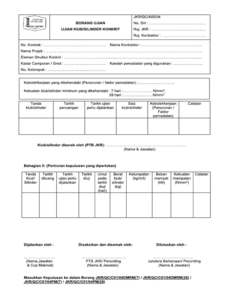 JKR QC A05-04 Borang Ujian Kiub Konkrit | PDF