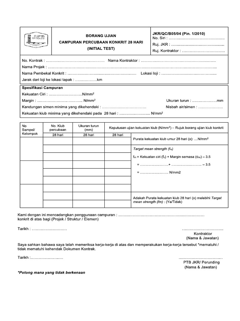 JKR QC B05-04 Borang Ujian Initial Test 28hari | PDF