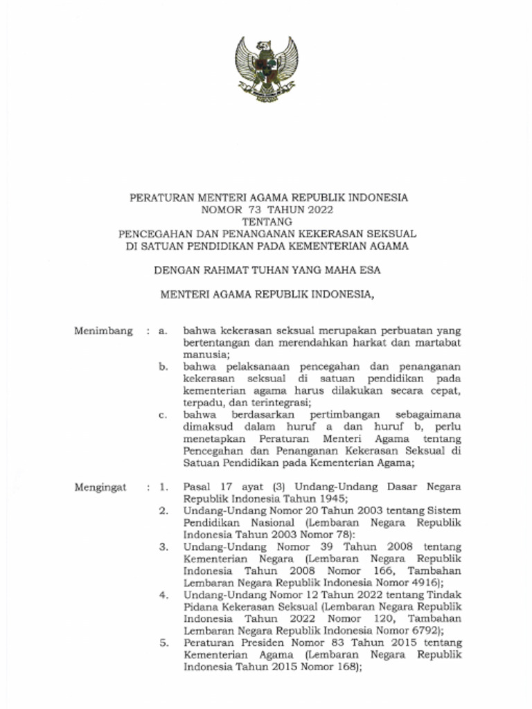 PMA No 73 Tahun 2022 Pencegahan Dan Penanganan Kekerasan Seksual | PDF