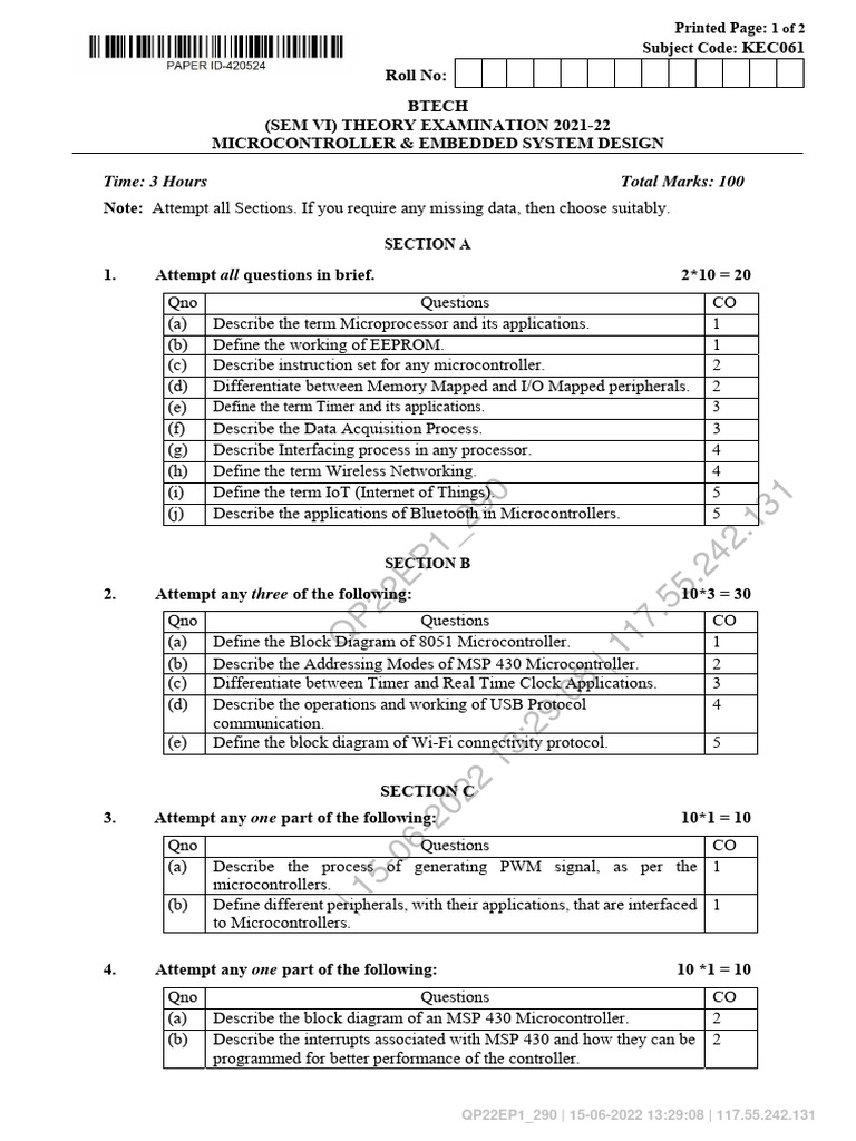 Microcontroller Embedded System Design Kec061 | PDF | Microcontroller | Embedded System