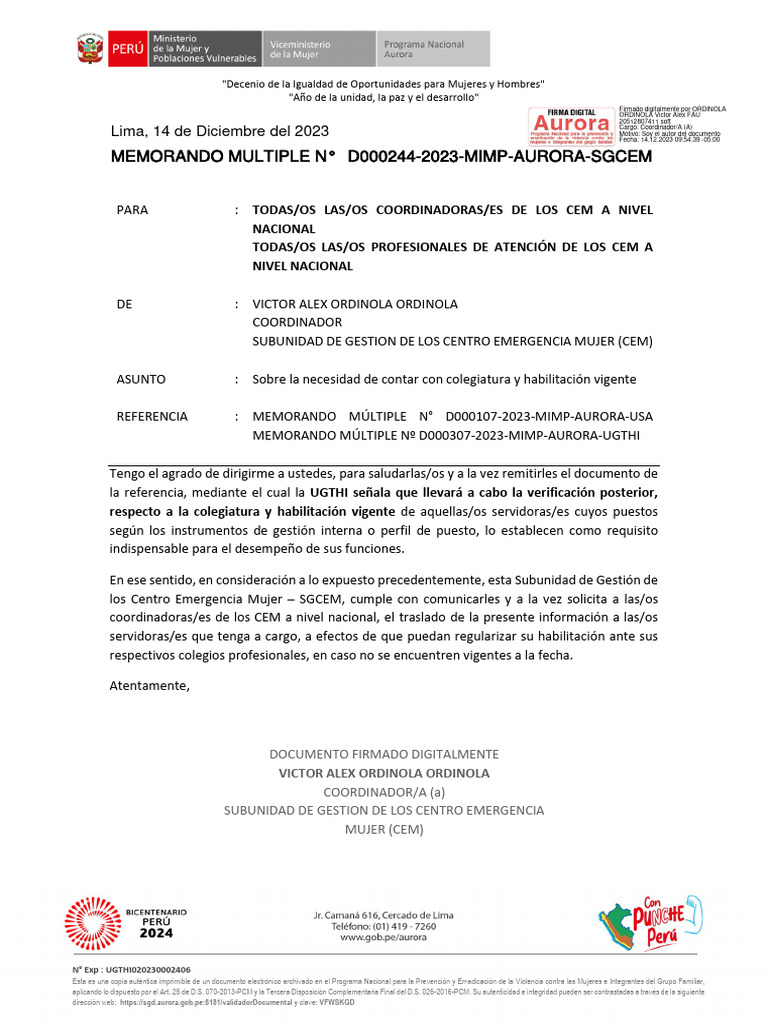 Memorando Multiple 000244 2023 | PDF | Mujer