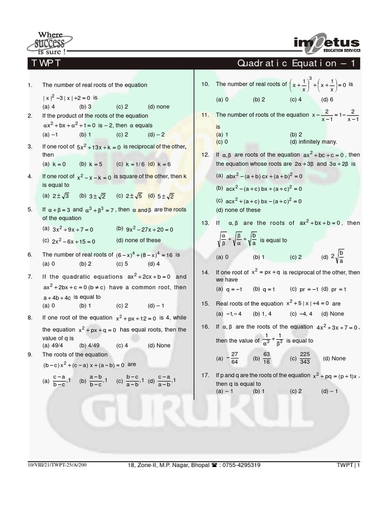 Quadratic Equation Problems and Solutions | PDF | Equations | Quadratic ...