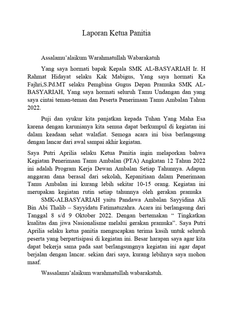 Laporan Ketua Panitia Pta 2022 | PDF
