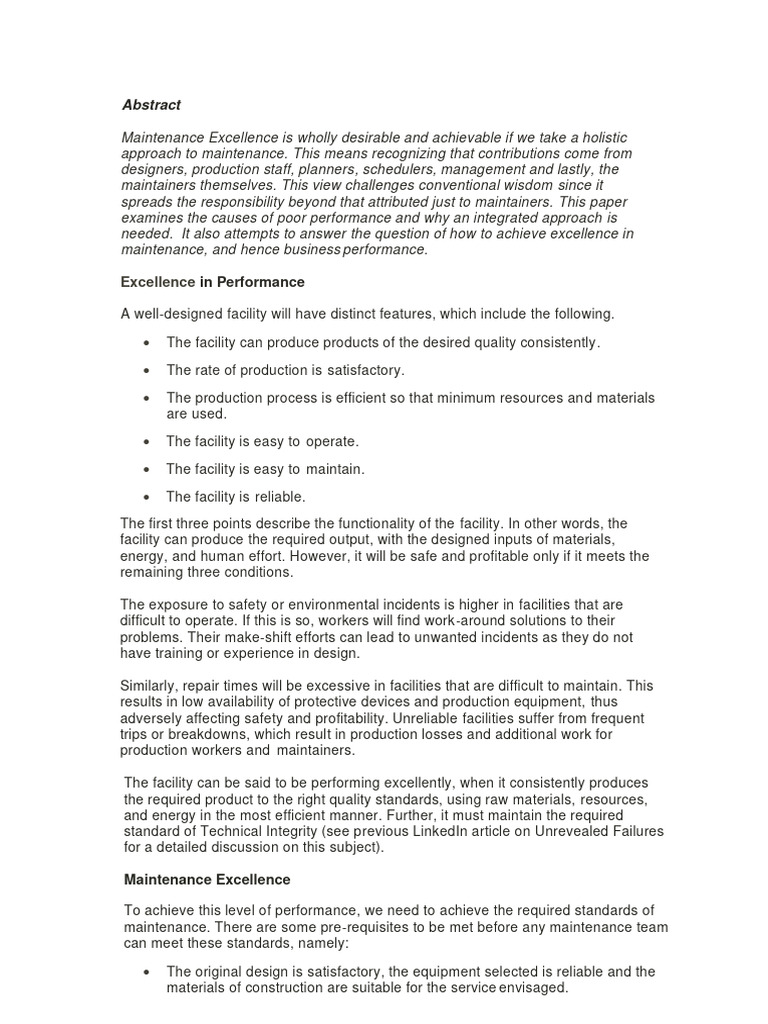 An Integrated Approach To Maintenance Excellence | PDF | Economies | Business