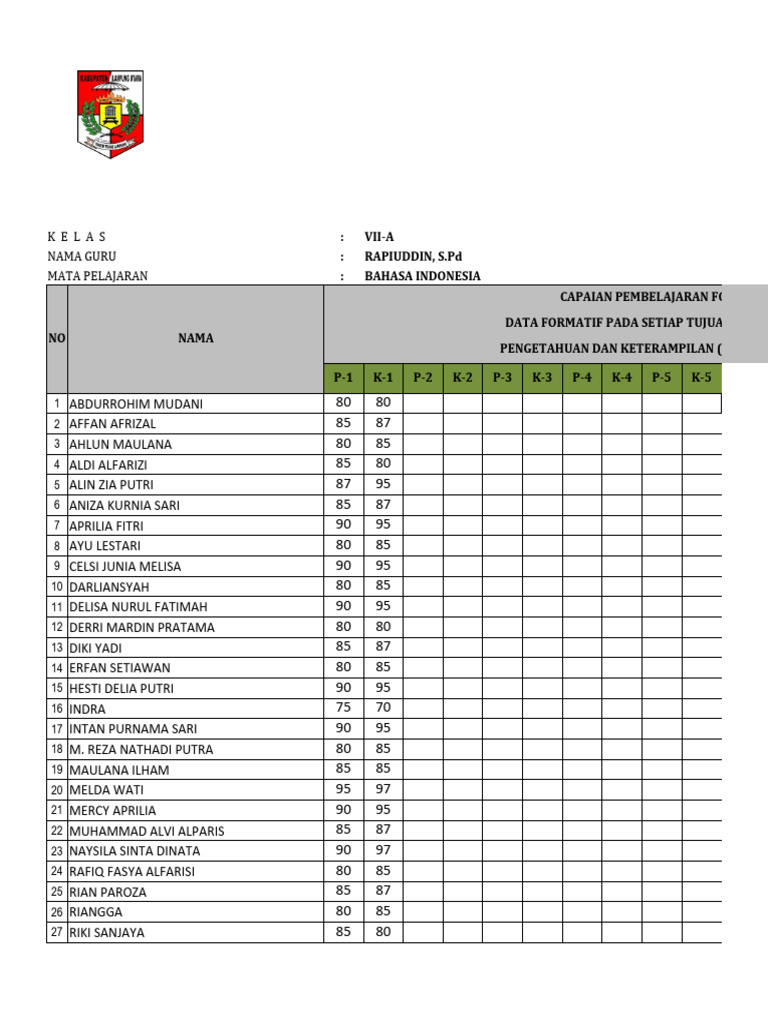 Format Nilai Erapor Ganjil 7c | Pdf