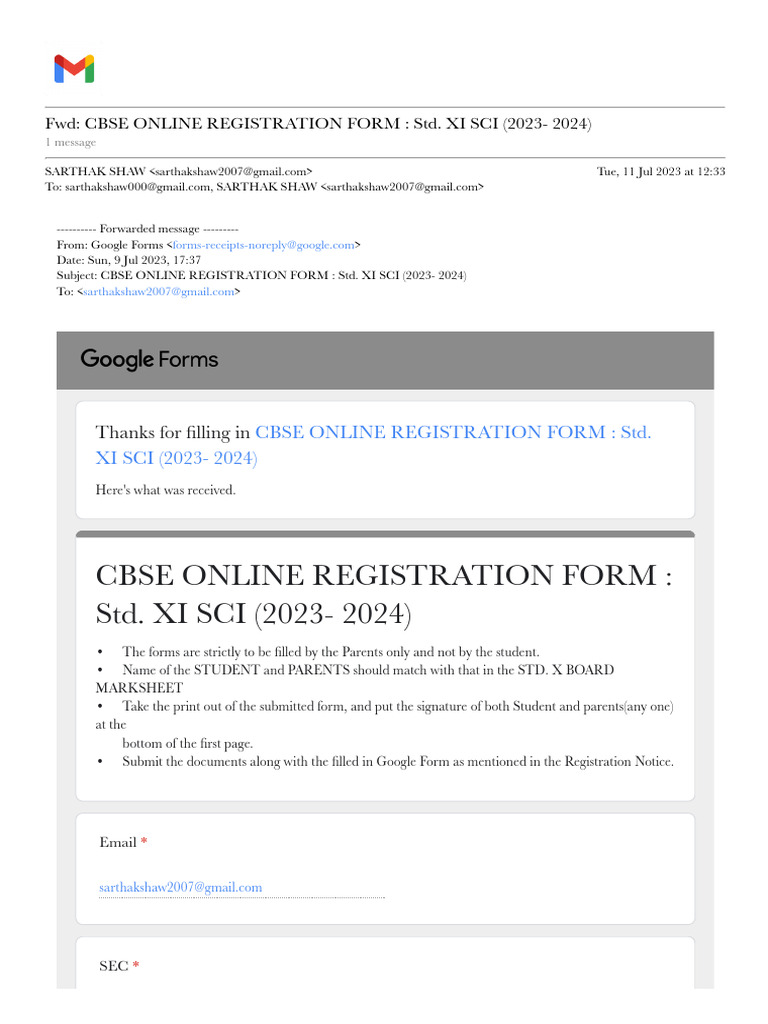 Gmail - FWD - CBSE ONLINE REGISTRATION FORM - Std. XI SCI (2023 - 2024) | PDF