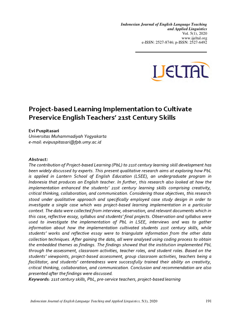 Project-Based Learning Implementation To Cultivate Preservice English Teachers' 21st Century ...