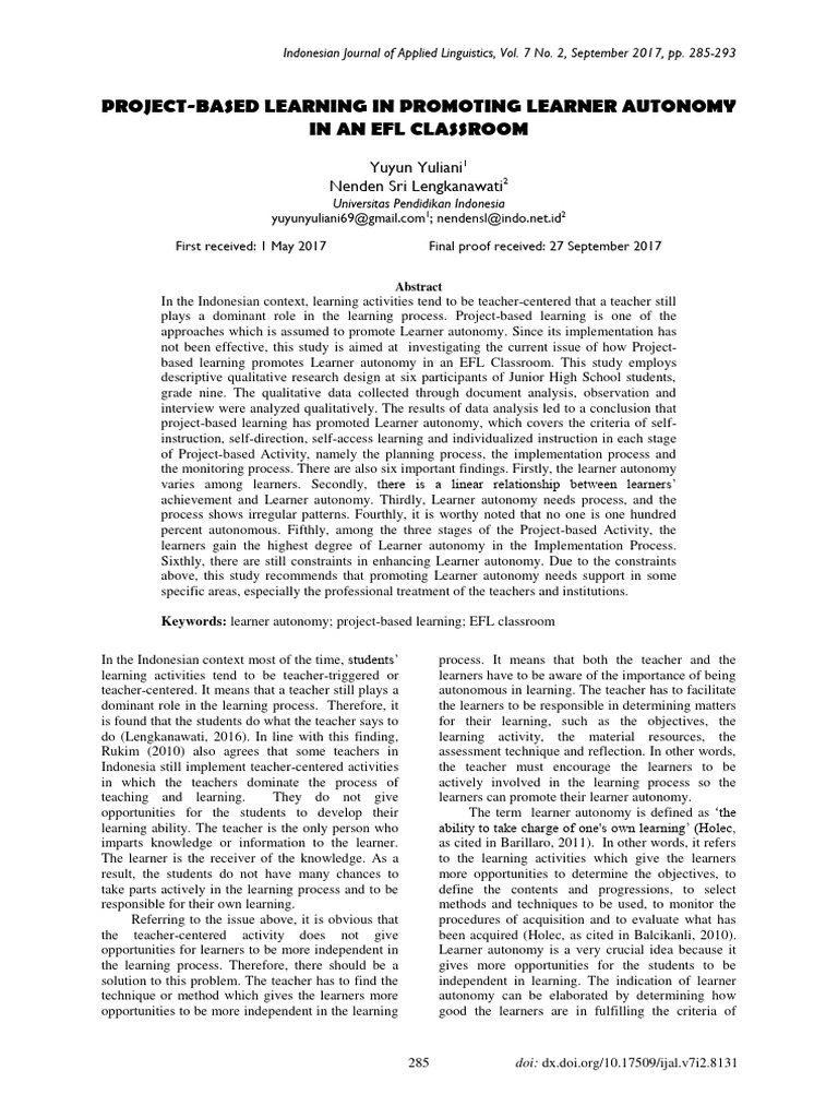 Project-Based Learning in Promoting Learner Autonomy in An Efl Classroom | PDF