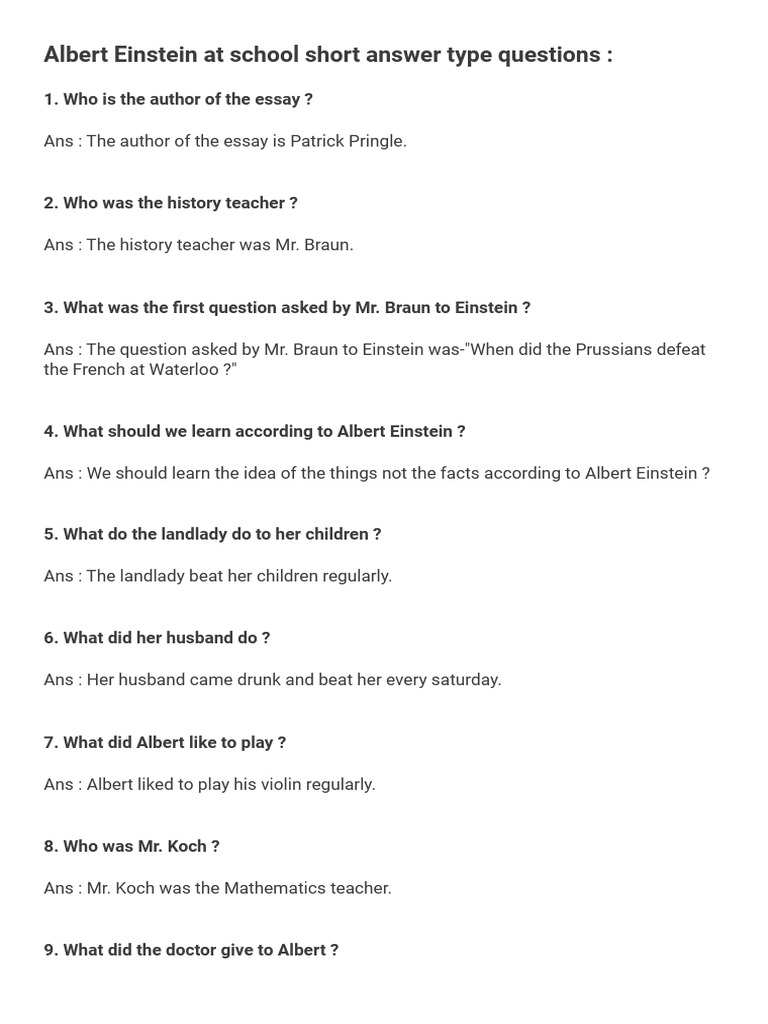 Albert Einstein at School Extra Question Answer Class 11 - Hs 1st Year English | PDF | Albert ...