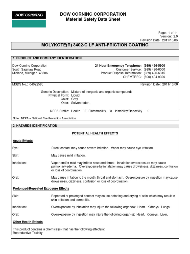 MOLYKOTE 3402 C LF Msds | PDF