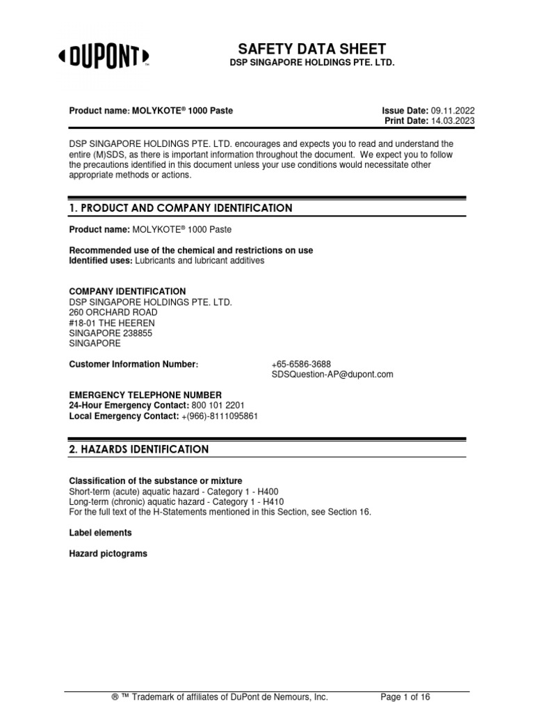 Molykote 1000 Paste AE SDS | PDF | Toxicity | Dangerous Goods