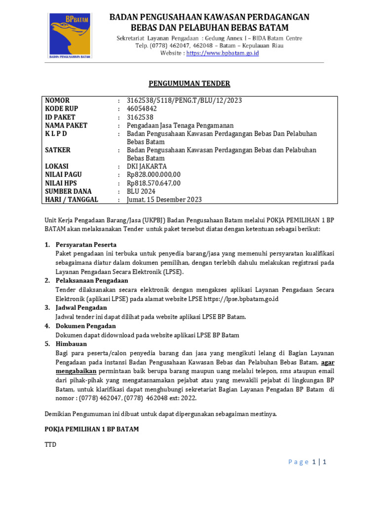 Pengumuman Tender Pengadaan Jasa Tenaga Pengamanan | PDF